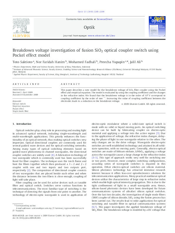 (PDF) Breakdown voltage investigation of fusion SiO2 optical coupler switch using Pockel effect ...