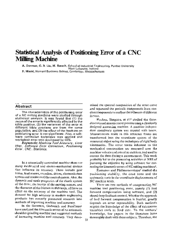 (PDF) Statistical analysis of positioning error of a CNC milling machine