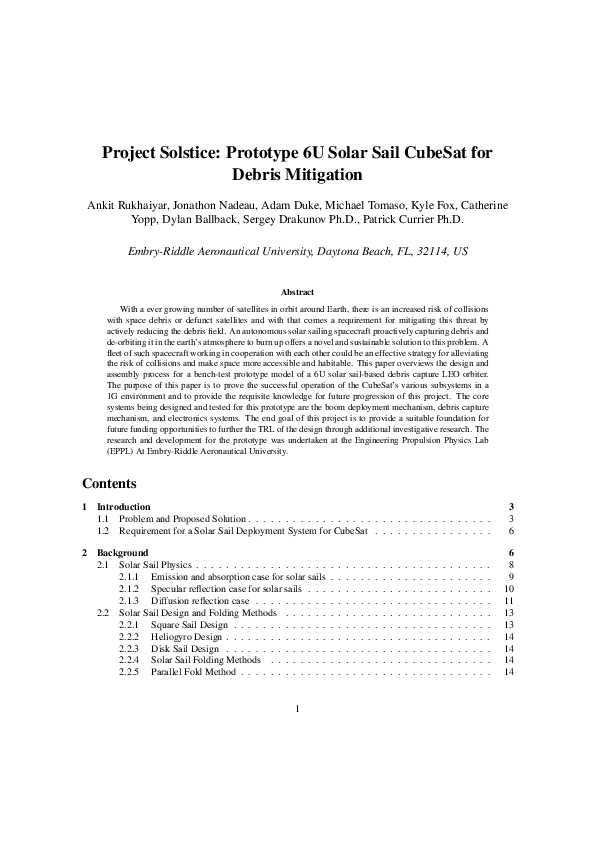(PDF) Project Solstice: Prototype 6U Solar Sail CubeSat for Debris ...