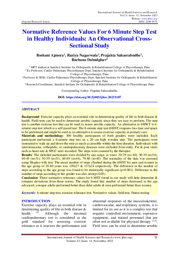 (PDF) Normative Reference Values For 6 Minute Step Test in Healthy ...