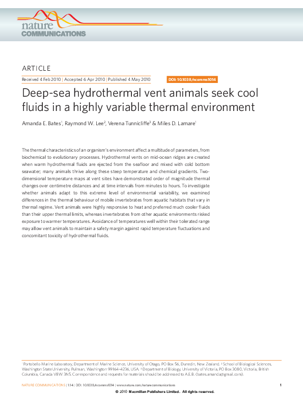 (PDF) Deep-sea hydrothermal vent animals seek cool fluids in a highly ...