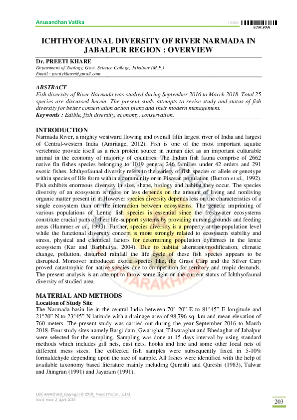 (PDF) ICHTHYOFAUNAL DIVERSITY OF RIVER NARMADA