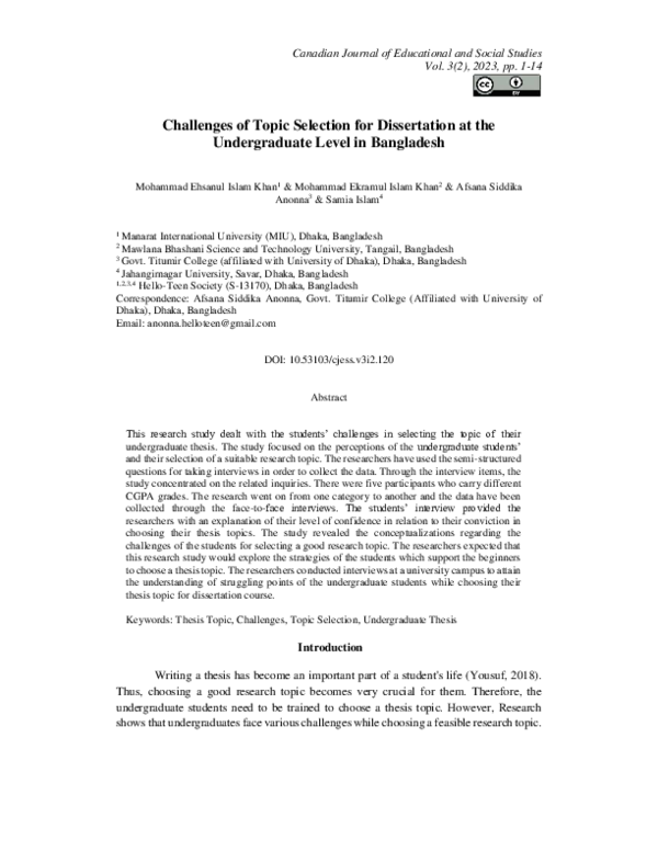 (PDF) Challenges of Topic Selection for Dissertation at the Undergraduate Level in Bangladesh