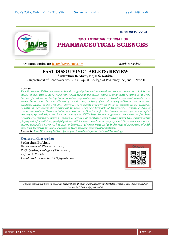 Pdf Fast Dissolving Tablets Review