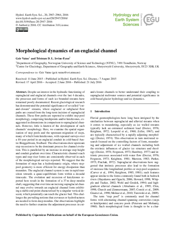 (PDF) Morphological dynamics of an englacial channel