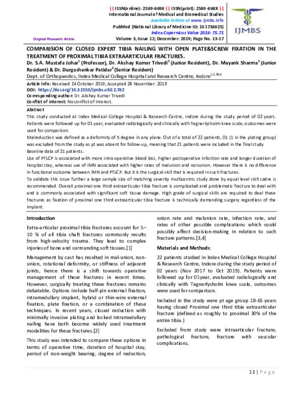 Pdf Comparing Closed Nailing And Plate Fixation For Tibia Fractures