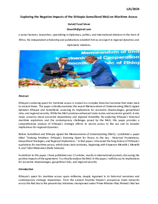 (PDF) Exploring the Negative Impacts of the Ethiopia-Somaliland MoU on ...