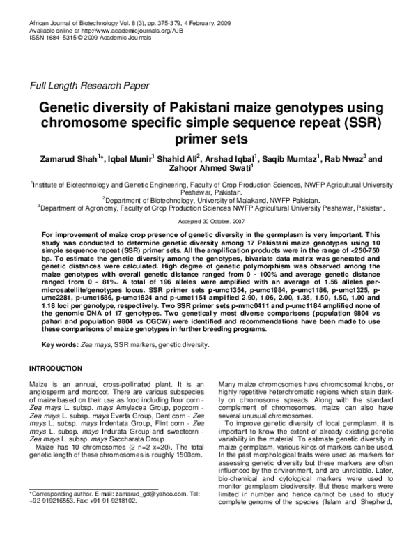 (PDF) Genetic diversity of Pakistani maize genotypes using chromosome specific simple sequence ...
