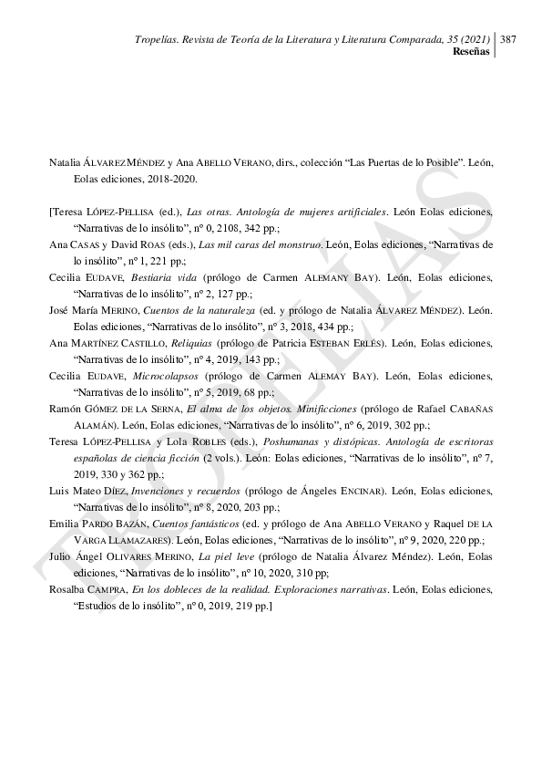 (PDF) Natalia ÁLVAREZ MÉNDEZ y Ana ABELLO VERANO, dirs., colección "Las Puertas de lo Posible ...