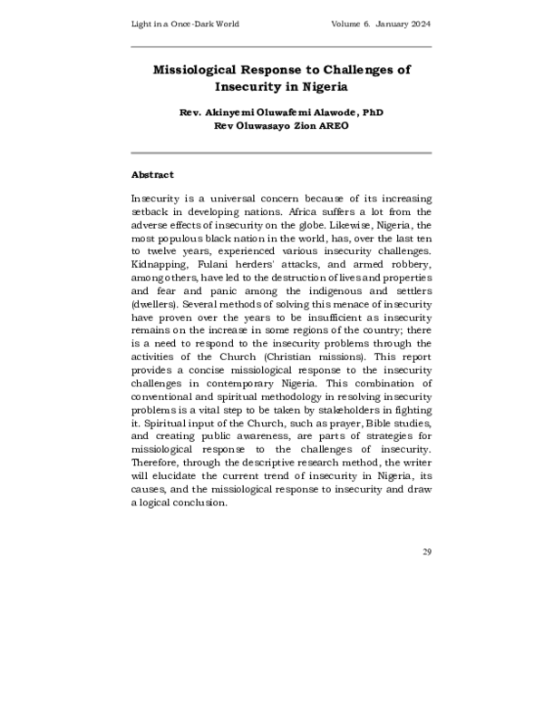 (PDF) Missiological Response to Challenges of Insecurity in Nigeria