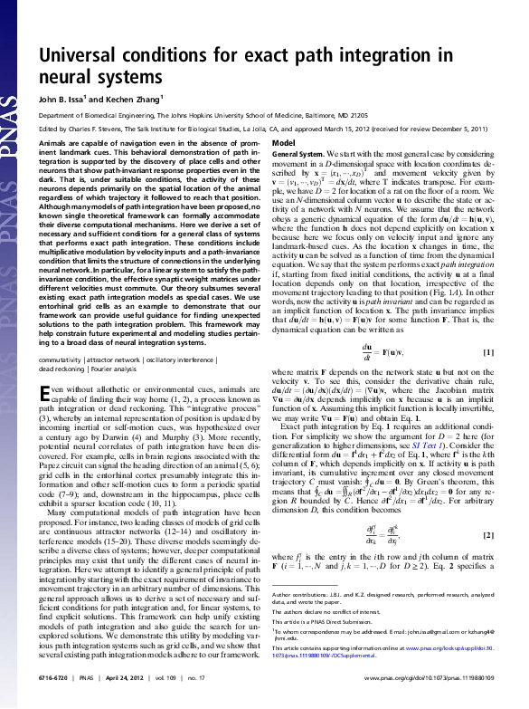 (PDF) Universal conditions for exact path integration in neural systems