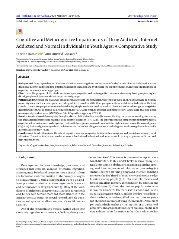 (PDF) Cognitive and Metacognitive Impairments of Drug Addicted, Internet Addicted and Normal ...