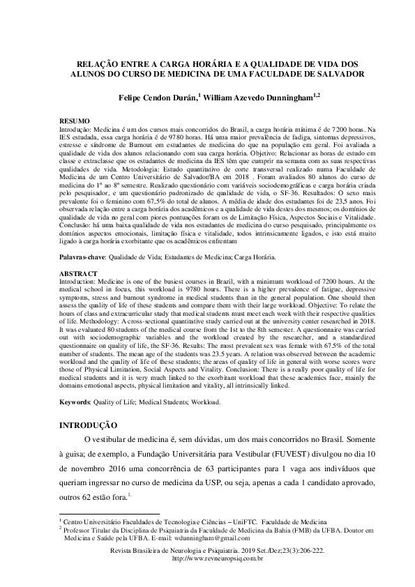 (PDF) Relação Entre a Carga Horária e a Qualidade De Vida Dos Alunos Do ...