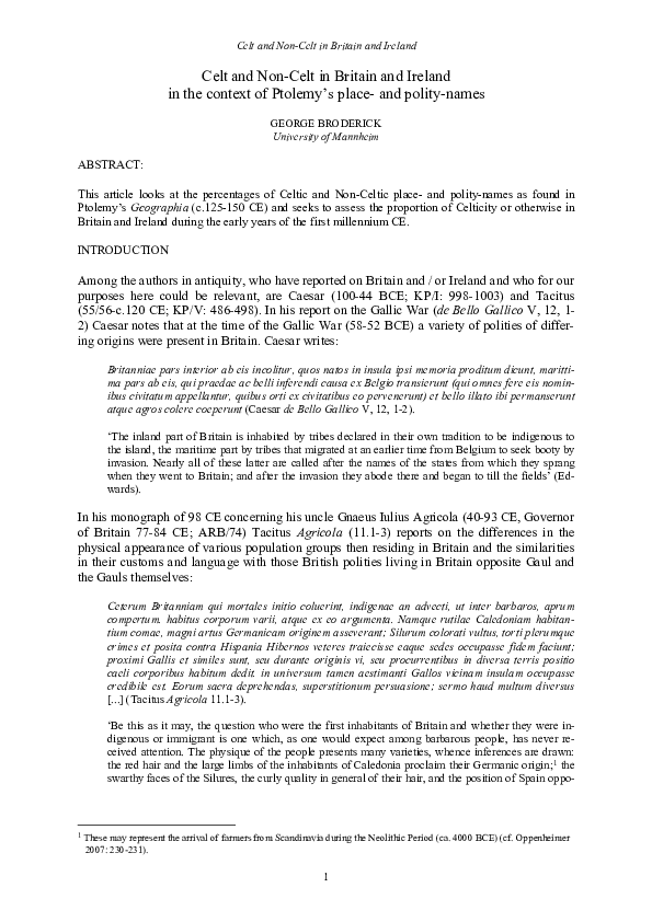 (PDF) Celt and Non-Celt in Britain and Ireland in the context of Ptolemy's place-and polity-names