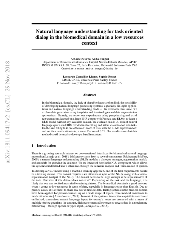 (PDF) Natural language understanding for task oriented dialog in the biomedical domain in a low ...