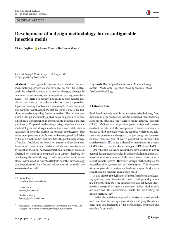 (PDF) Development of a design methodology for reconfigurable injection molds