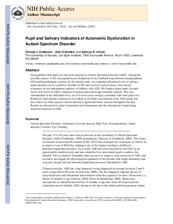 (PDF) Pupil and Salivary Indicators of Autonomic Dysfunction in Autism ...