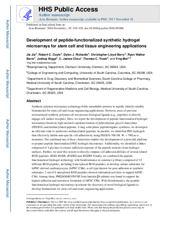 (PDF) Development of peptide-functionalized synthetic hydrogel ...