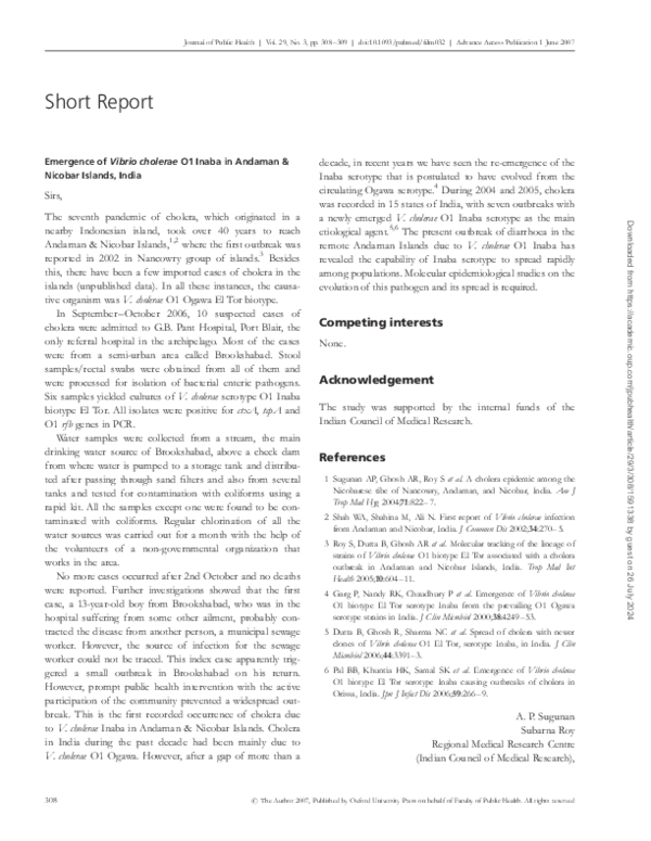 (PDF) Emergence of Vibrio cholerae O1 Inaba in Andaman & Nicobar ...