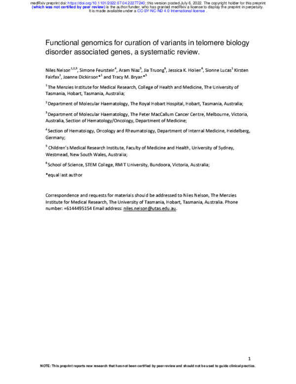 (PDF) Functional genomics for curation of variants in telomere biology disorder associated genes ...
