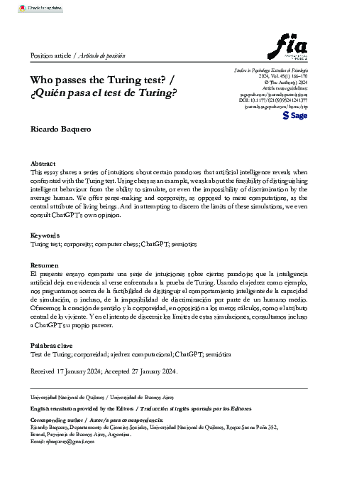 (PDF) Who passes the Turing test? / ¿Quién pasa el test de Turing