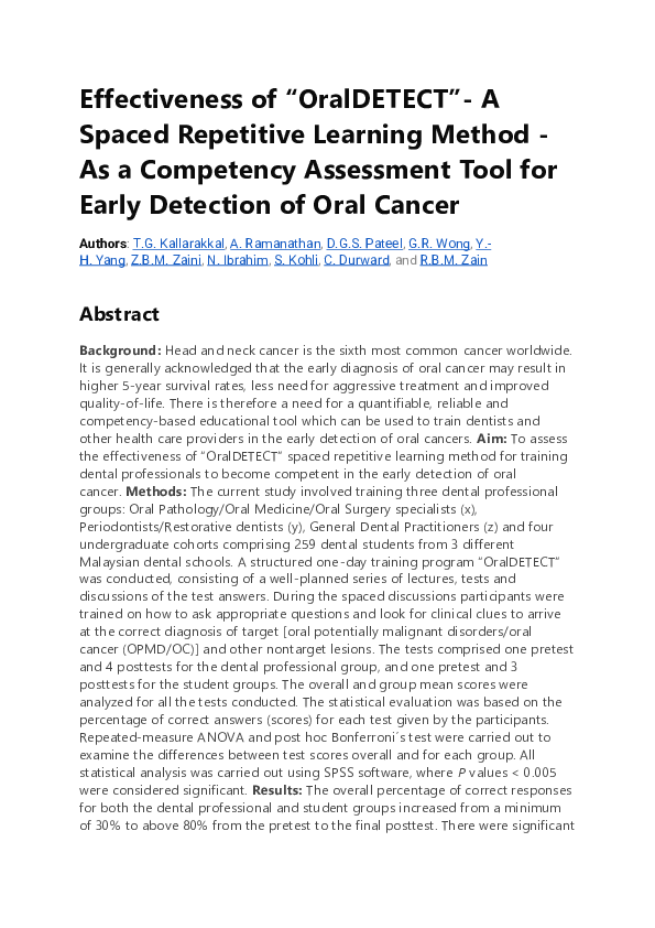 (PDF) Effectiveness of “OralDETECT”- A Spaced Repetitive Learning ...