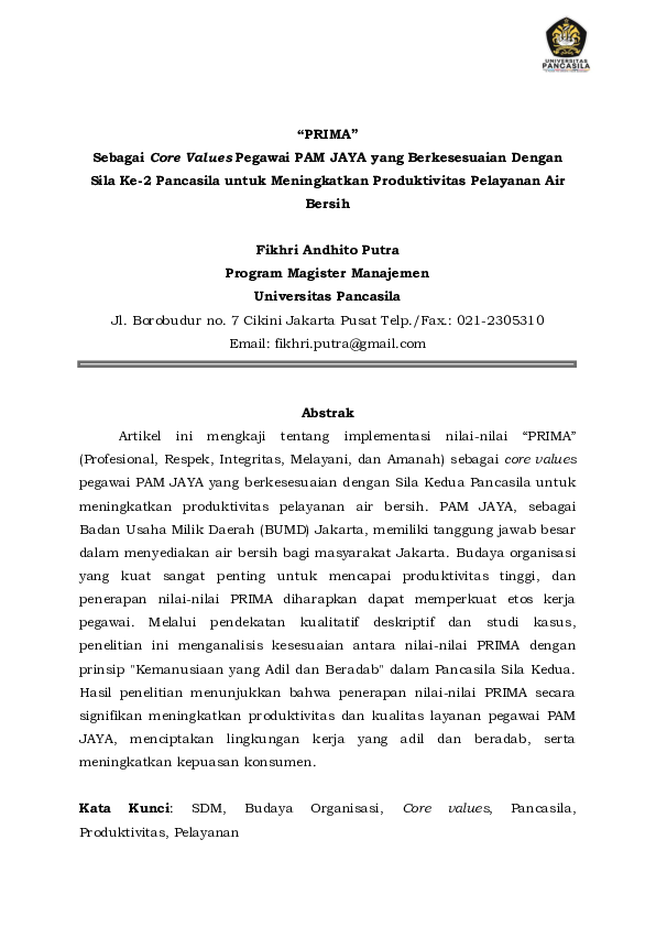 (PDF) "PRIMA" Sebagai Core Values Pegawai PAM JAYA yang Berkesesuaian ...