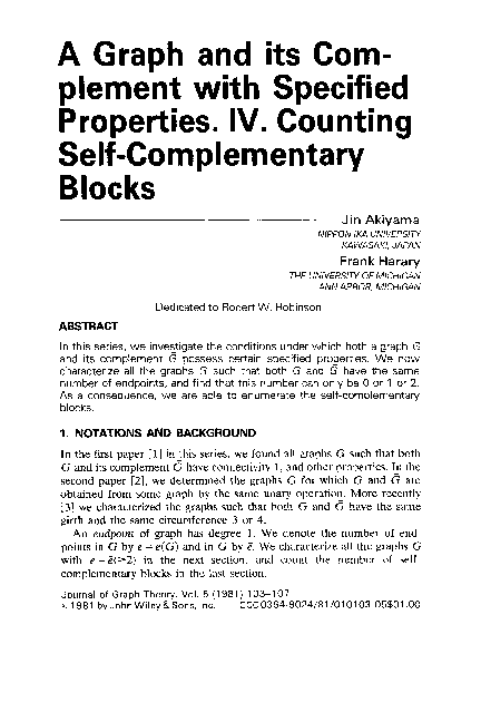 (PDF) A graph and its complement with specified properties. IV. Counting self-complementary blocks