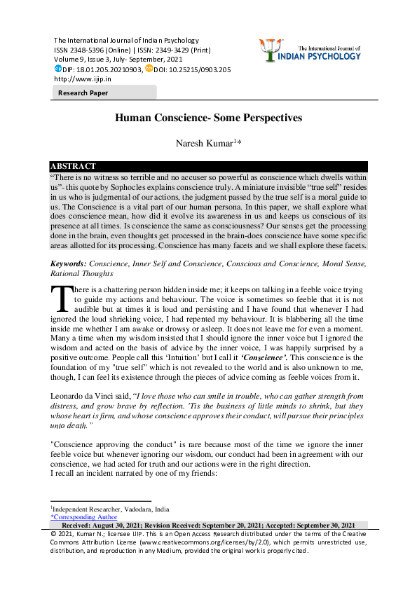 (PDF) Human Conscience-Some Perspectives