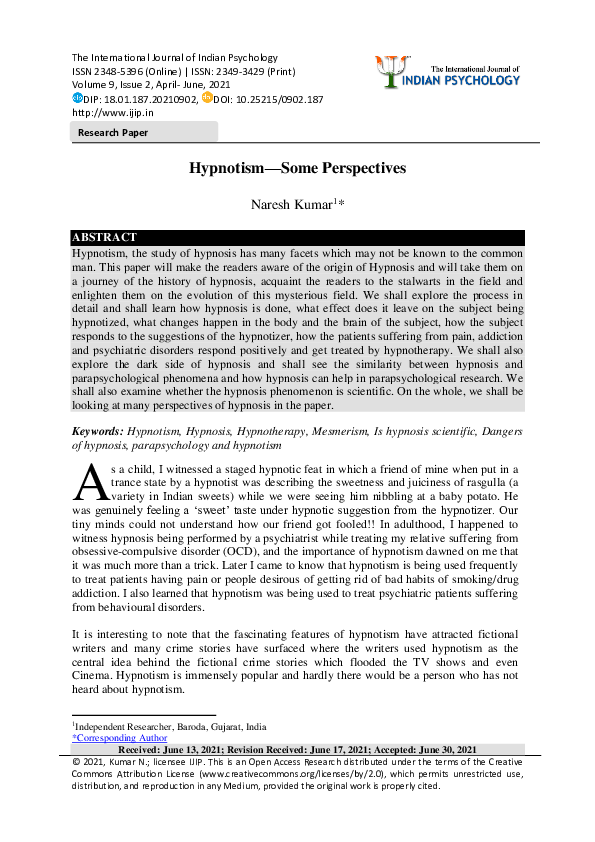 (PDF) Hypnotism-Some Perspectives
