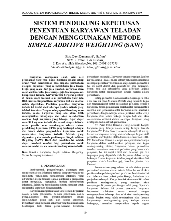 (PDF) Sistem Pendukung Keputusan Penentuan Karyawan Teladan Dengan ...