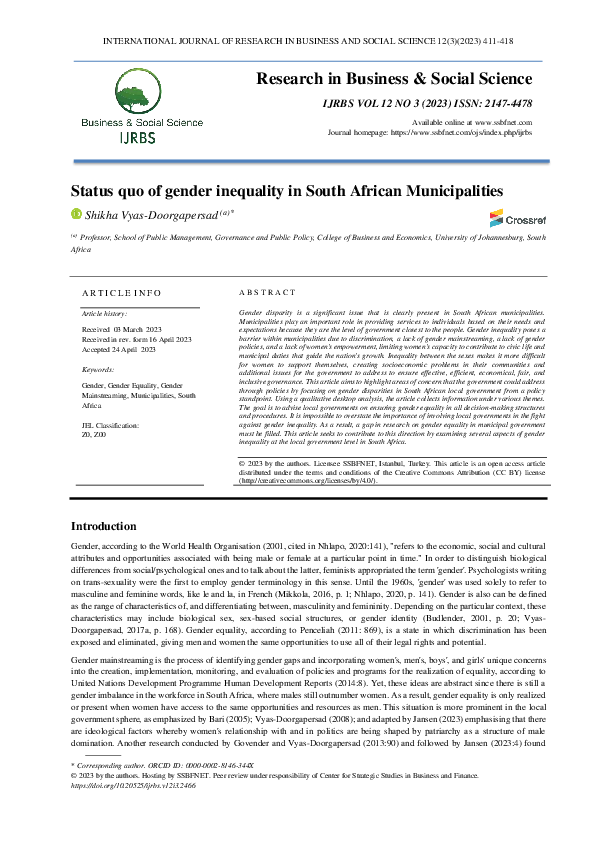 (PDF) Status quo of gender inequality in South African Municipalities