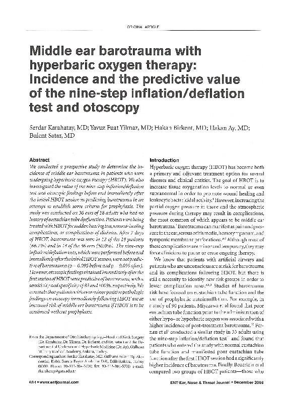 (PDF) Middle Ear Barotrauma with Hyperbaric Oxygen Therapy: Incidence ...