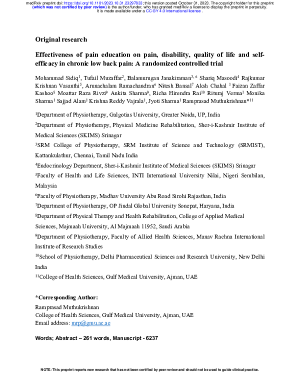 (PDF) Effectiveness of pain education on pain, disability, quality of ...