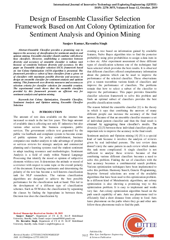(PDF) Design of Ensemble Classifier Selection Framework Based on Ant Colony Optimization for ...