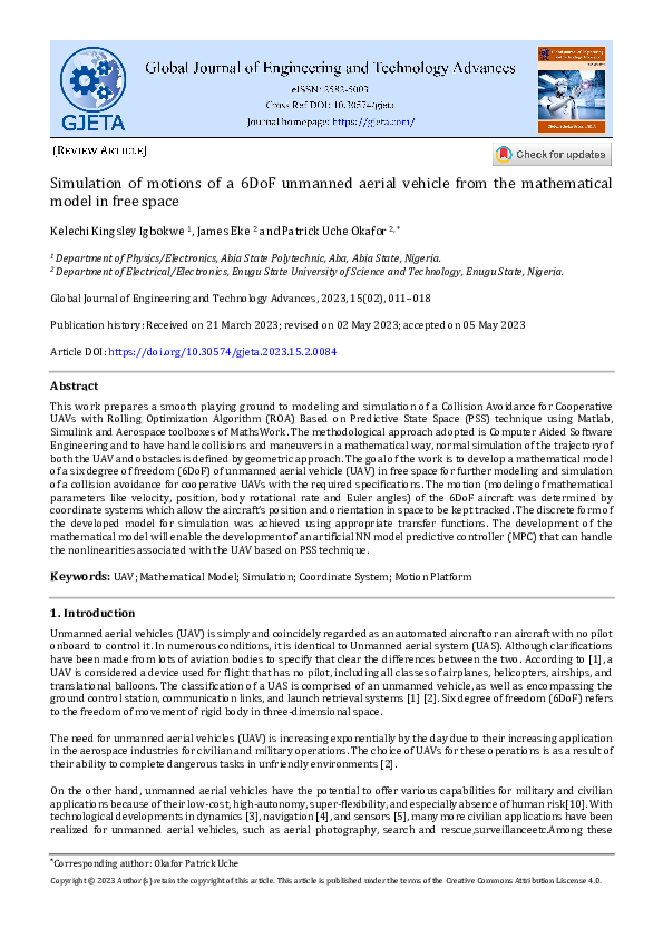 (PDF) Simulation of motions of a 6DoF unmanned aerial vehicle from the mathematical model in ...