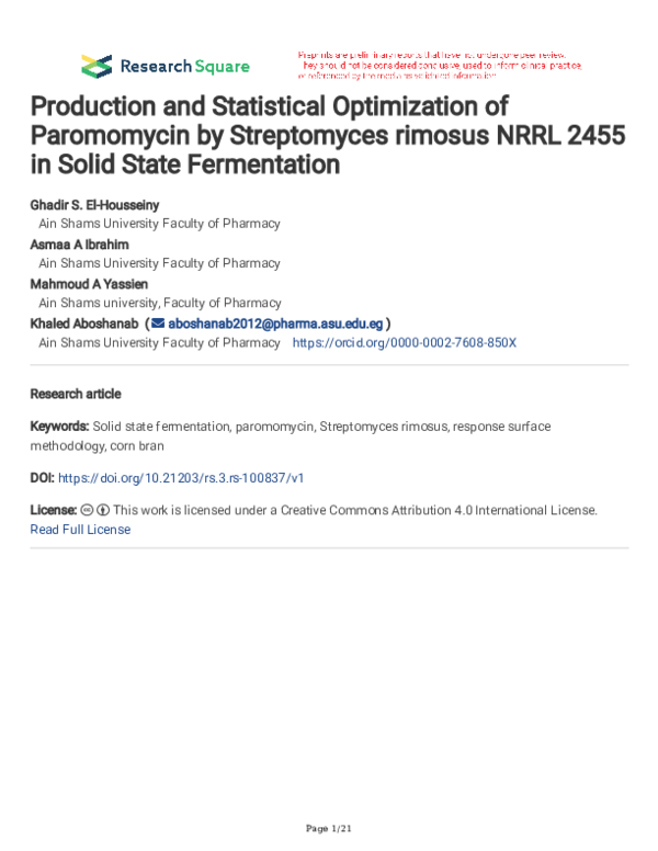 (PDF) Production and Statistical Optimization of Paromomycin by ...