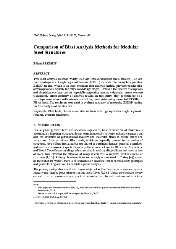 (PDF) Comparison of Blast Analysis Methods for Modular Steel Structures
