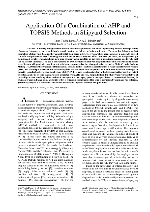 (PDF) Application Of a Combination of AHP and TOPSIS Methods in Shipyard Selection