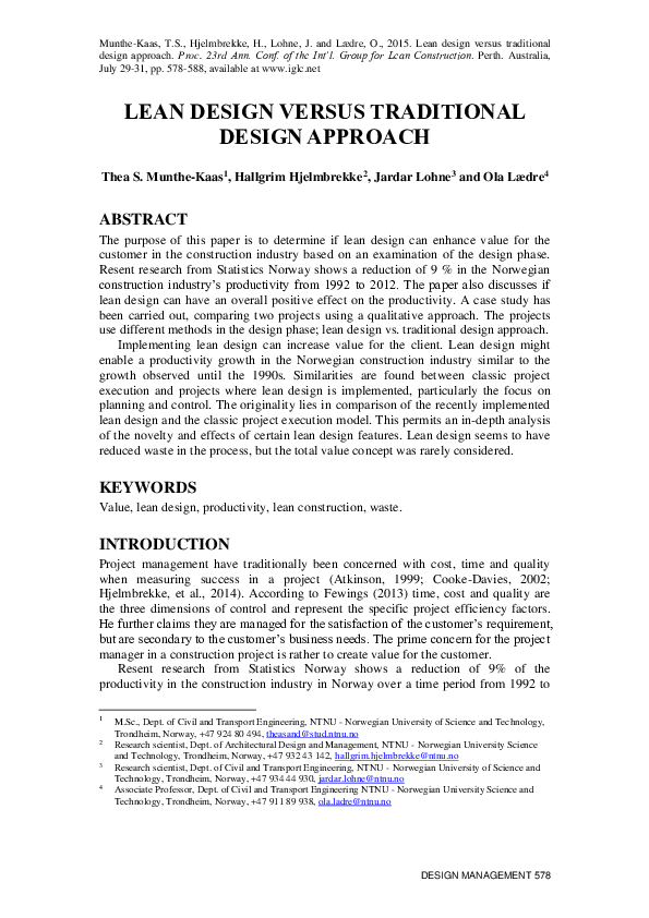 (PDF) Lean Design Versus Traditional Design Approach