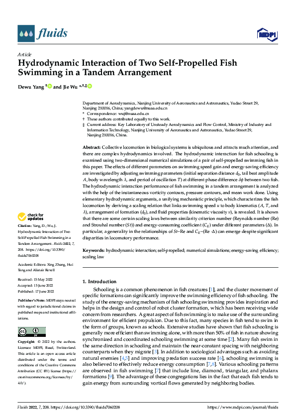 (PDF) Hydrodynamic Interaction of Two Self-Propelled Fish Swimming in a ...