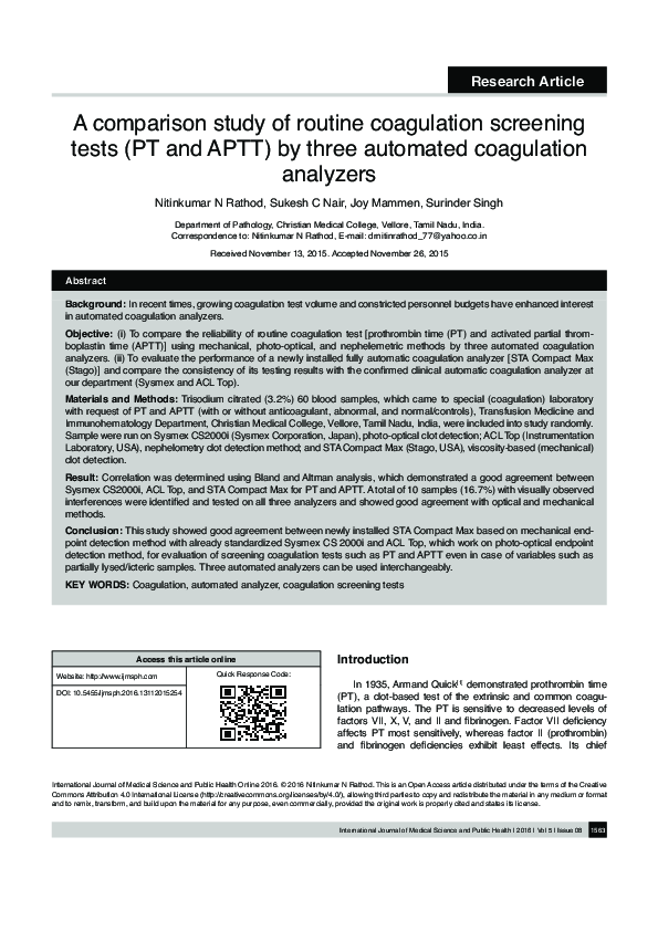 (PDF) A comparison study of routine coagulation screening tests (PT and ...
