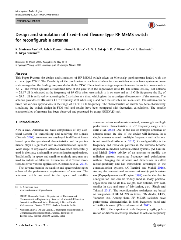 (PDF) Design and simulation of fixed–fixed flexure type RF MEMS switch for reconfigurable antenna