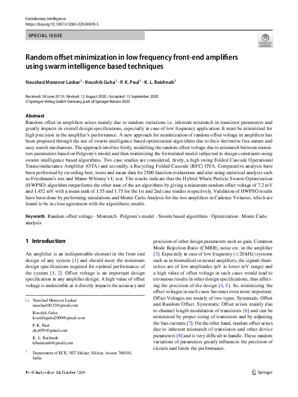 Pdf Random Offset Minimization In Low Frequency Front End Amplifiers Using Swarm Intelligence 