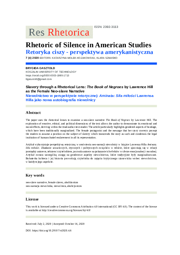 (PDF) Slavery through a Rhetorical Lens: The Book of Negroes by ...