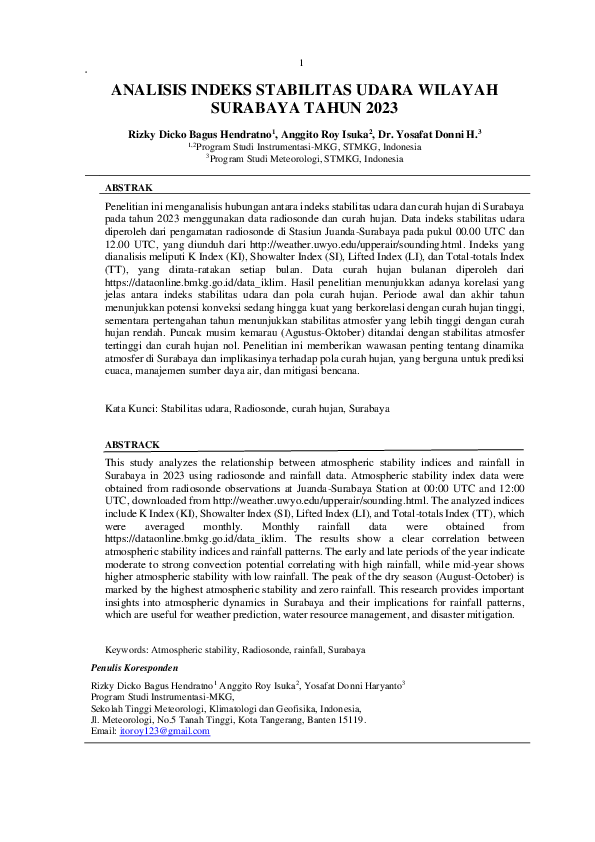 (PDF) ANALISIS INDEKS STABILITAS UDARA WILAYAH SURABAYA TAHUN 2023