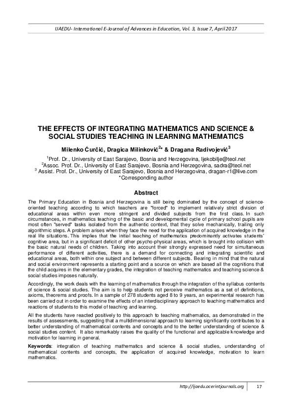 (PDF) The Effects of Integrating Mathematics and Science & Social ...
