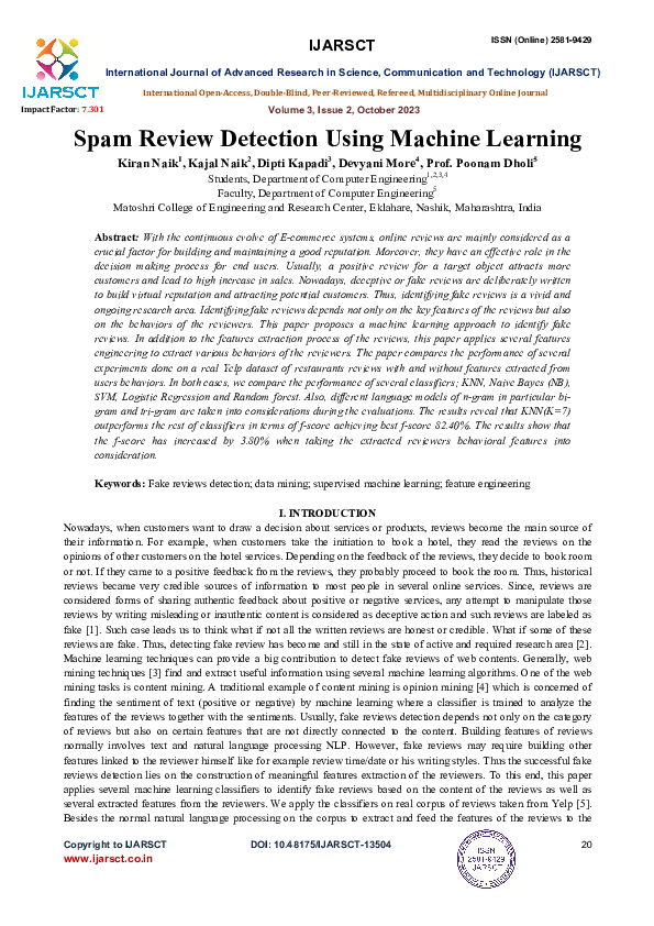 Pdf Spam Review Detection Using Machine Learning