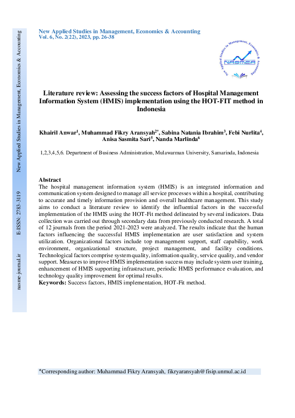 (PDF) Literature review: Assessing the success factors of Hospital Management Information System ...