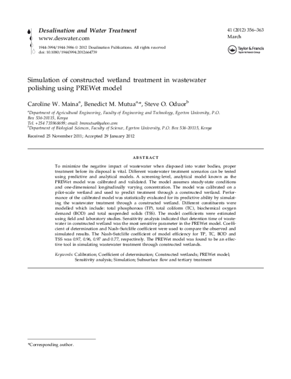 (PDF) Simulation of constructed wetland treatment in wastewater polishing using PREWet model